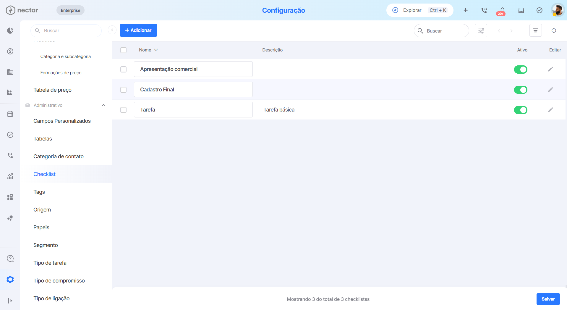 Checklist – Central de Ajuda | NectarCRM